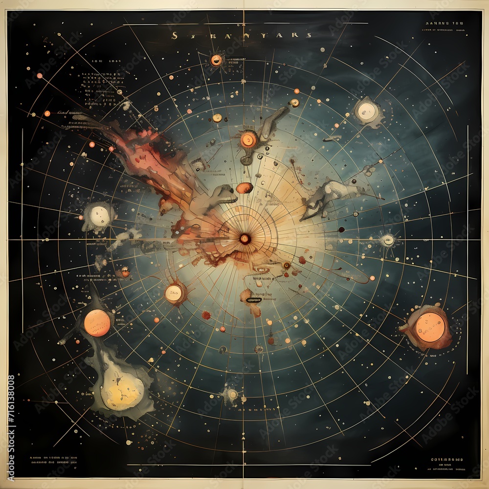 vintage style constellation map of the solar system on old paper Stock ...