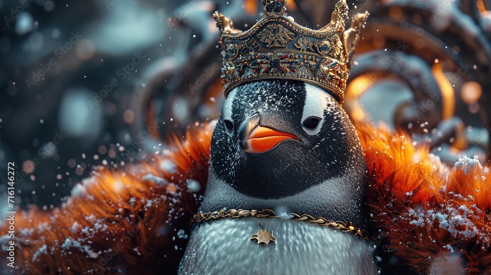 A picture of a penguin wearing a crown and sitting on a throne ...
