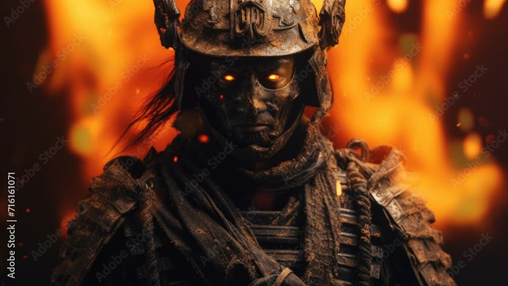 Evil knight wearing black armor with flaming eyes and burning fire ...