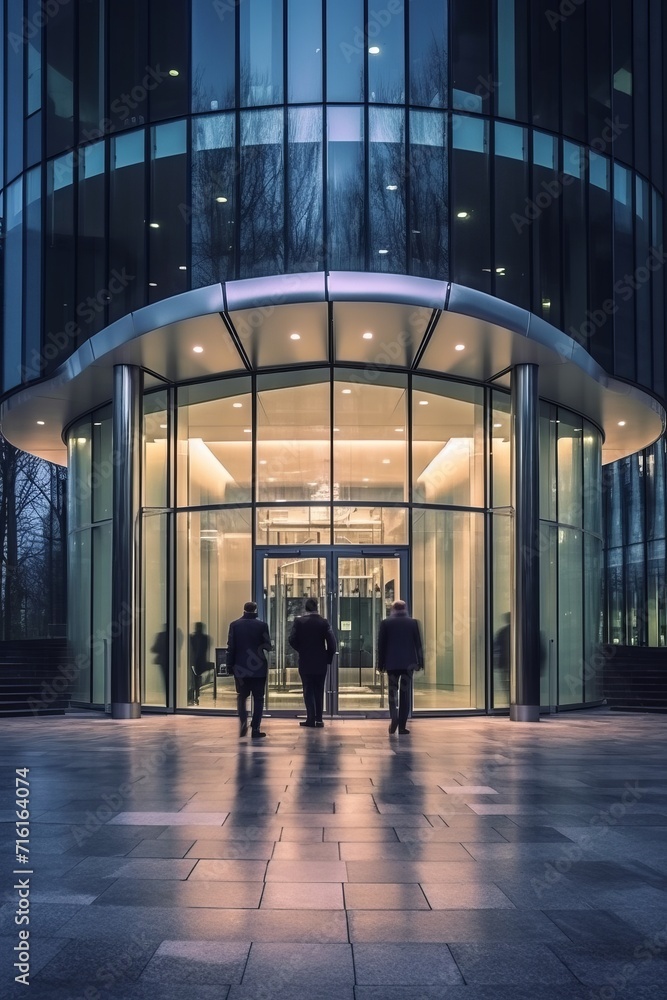 Modern office building entrance with professionals walking in ...