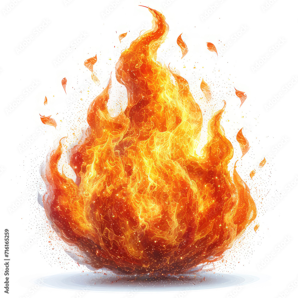 realistic flames with hot ember particles, isolated white background ...