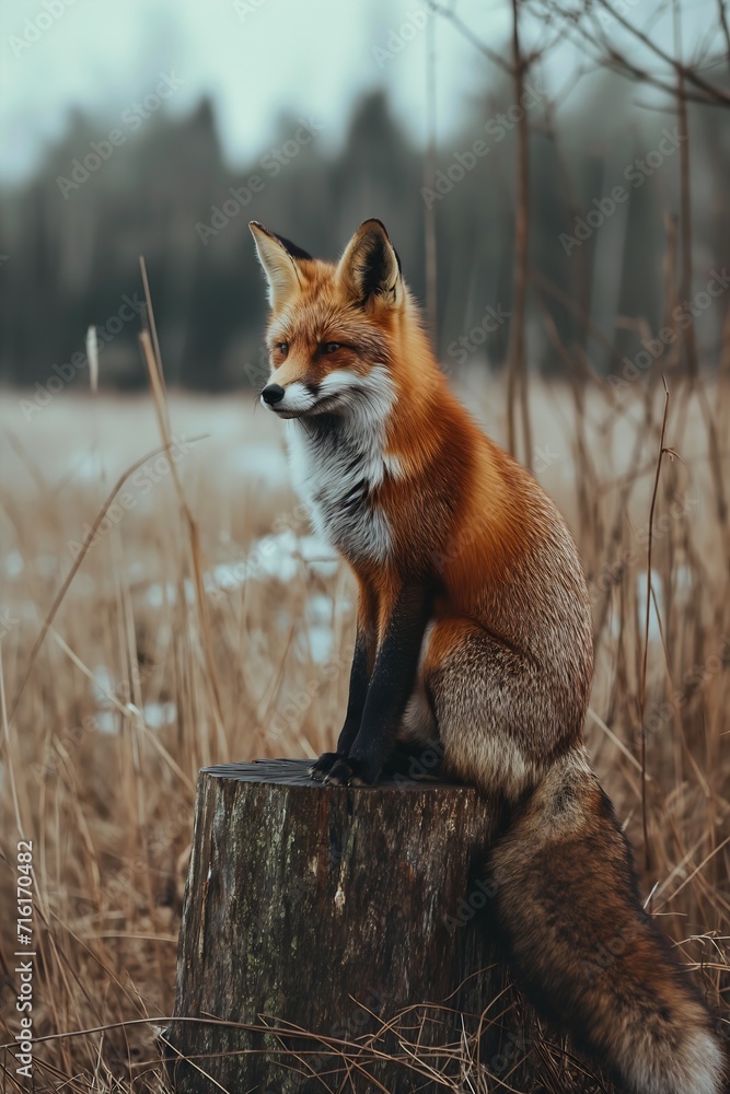 red fox sitting stump field seated throne looking left profile pose ...