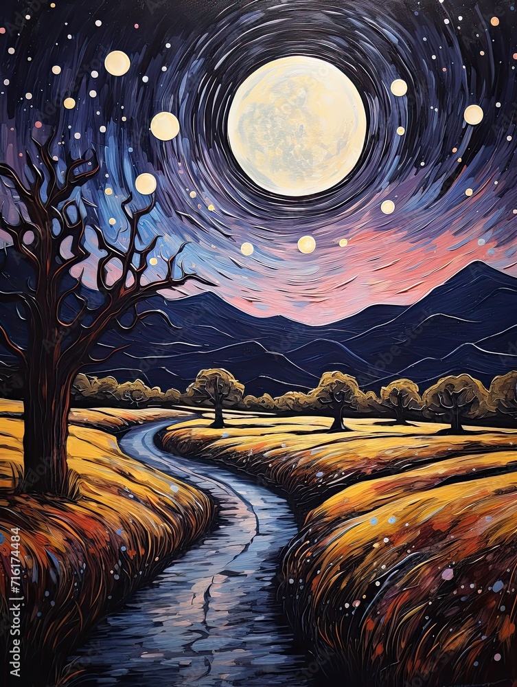 Nostalgic Route 66 Landscapes: Moonlit Night Drive on a Road under ...