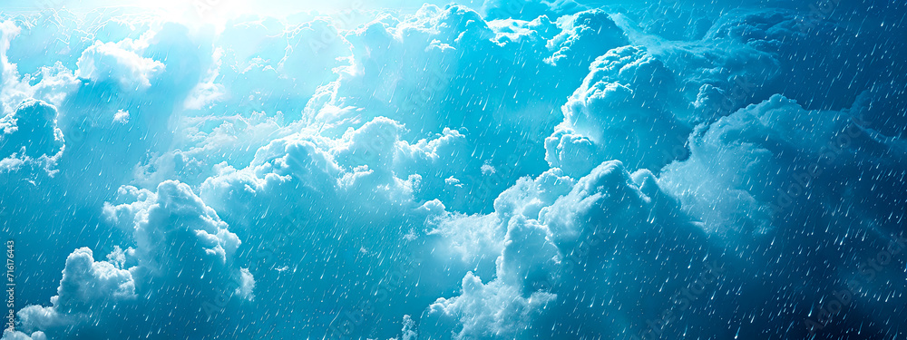 A serene and dynamic scene of rain descending from a cluster of fluffy ...