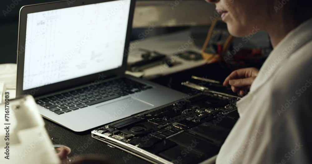 Vidéo Stock Motherboard, laptop and woman repair hardware, electronics ...