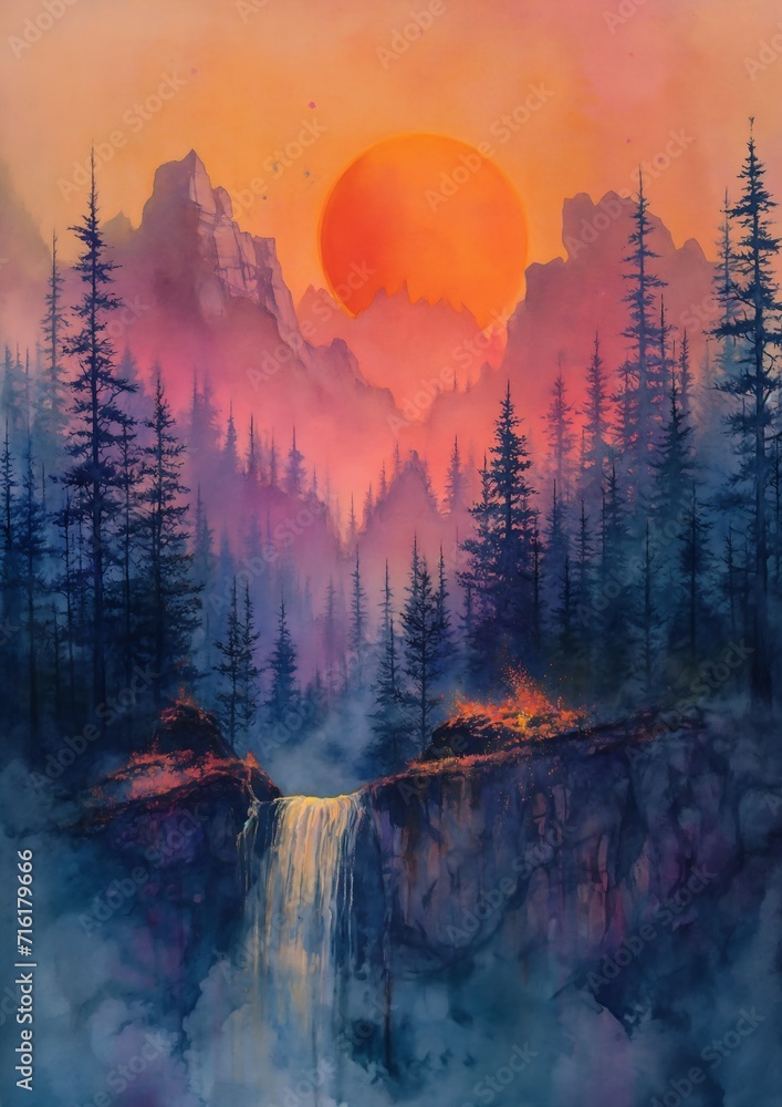 waterfall mountain sunset background metal album cover depth haze ...