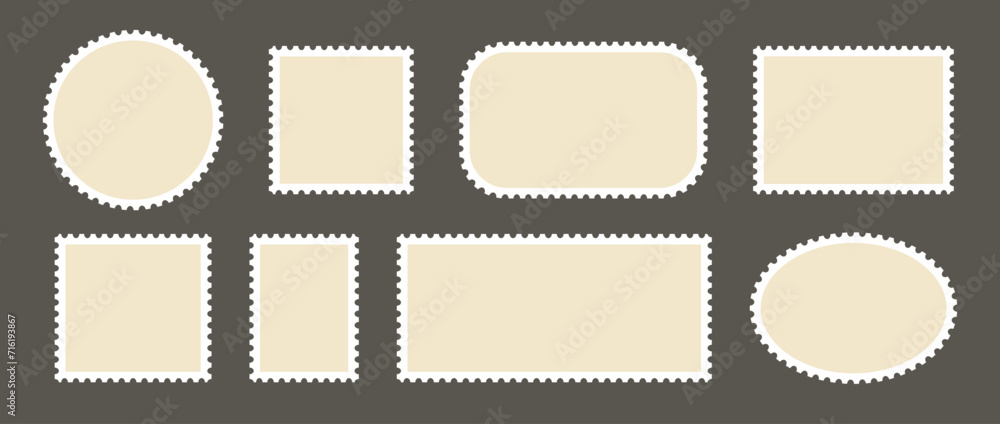 Postage stamp set. Post stamp frames and borders. Beige square and ...