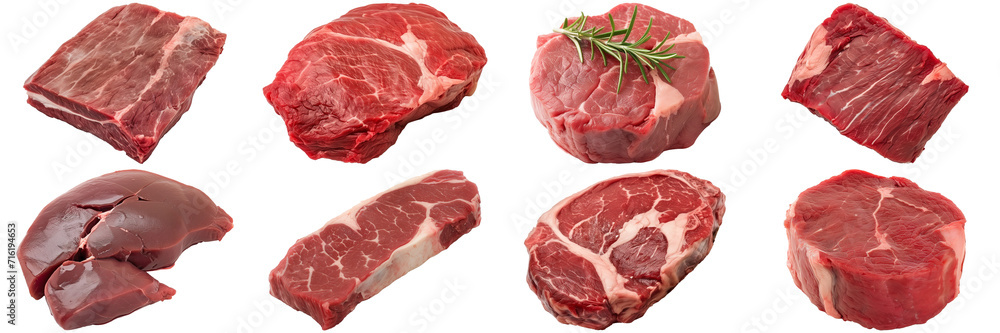 Set of raw different parts of beef such as Brisket, Ribeye, Round beef ...