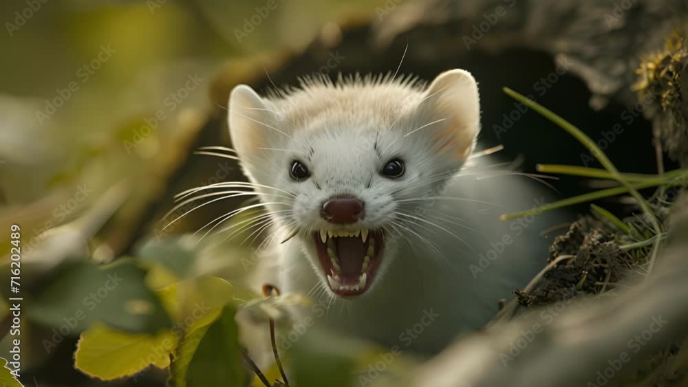 Closeup of an ermines sharp pointed teeth peeking out from its white ...