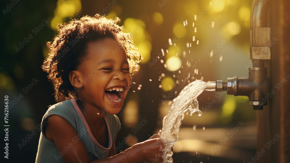 Happy african child drinking water from faucet, Environmental awareness ...