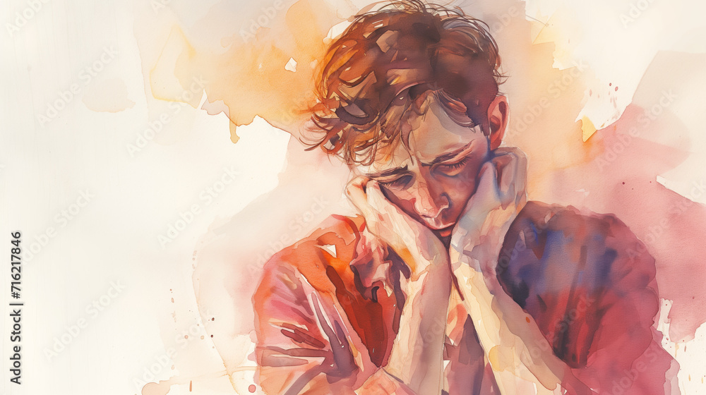 Watercolor illustration of a sad person, male, female, guy, lady ...