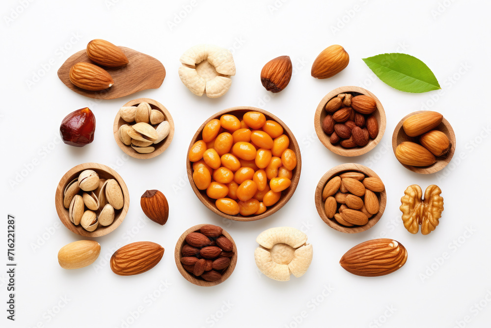 Collection of different types of nuts displayed in wooden bowls. This ...