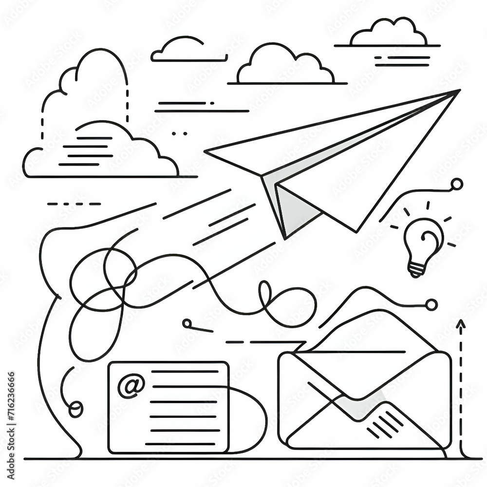 One continuous line drawing of flying Paper plane and mail. Sending ...