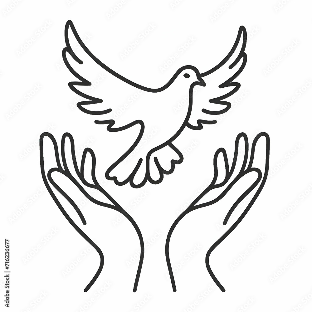 One continuous line drawing of flying dove with two hands. Bird symbol ...