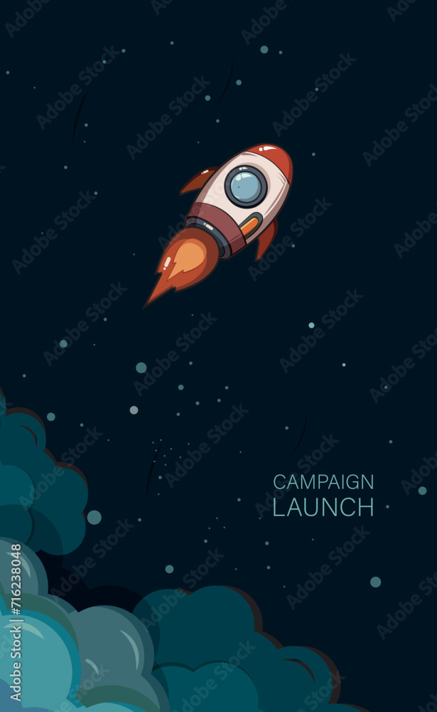 Rocket ship flies up with sky color clouds background. Flat icon ...