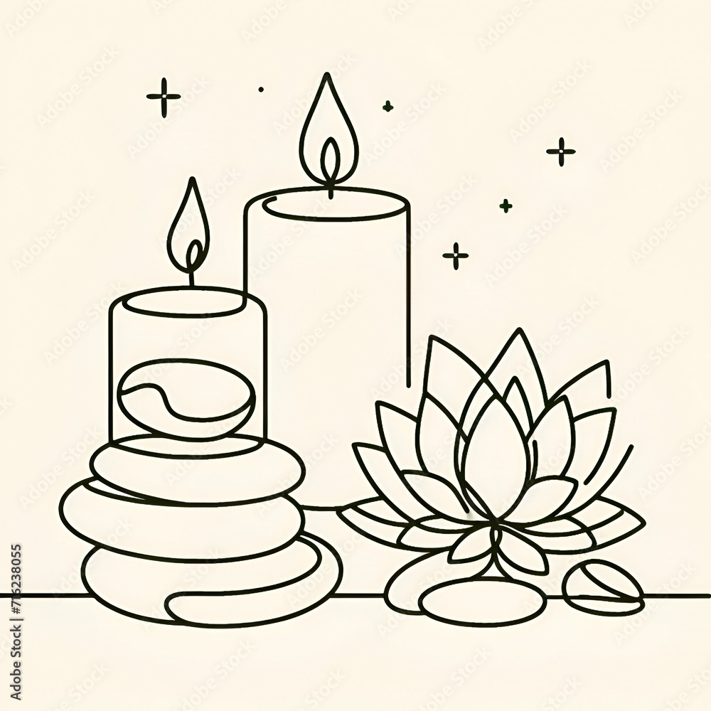 One continuous line drawing of wellness and spa treatment. Candle ...