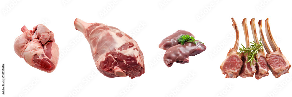 Collection of raw part of lamb meat: Heart of Lamb, Leg of Lamb, Liver ...