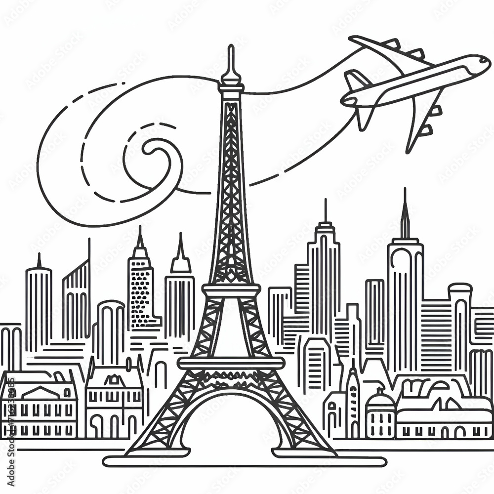 Continuous one line drawing of Paris Eiffel tower with airplane path ...