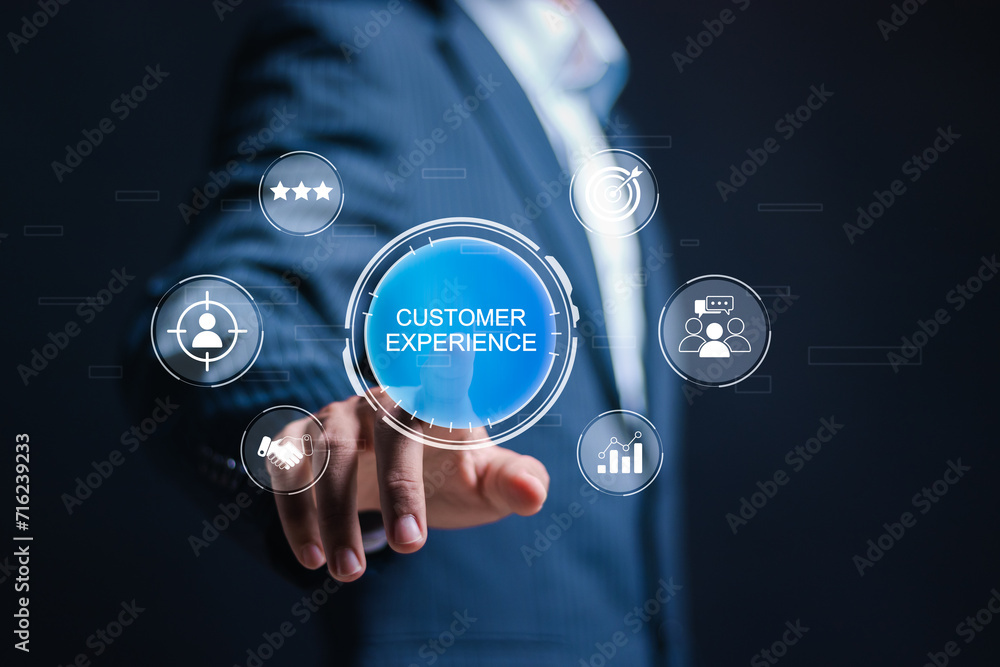 Customer experience management concept, Businessman touching virtual ...