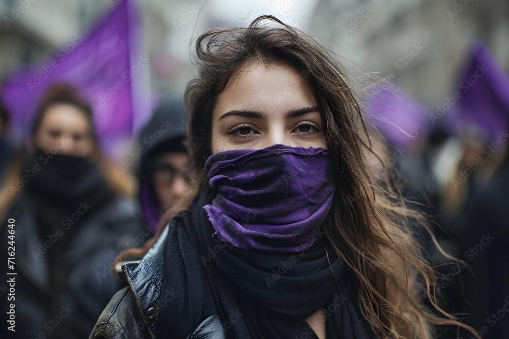 Manifestation for equal rights for working women in black and purple ...