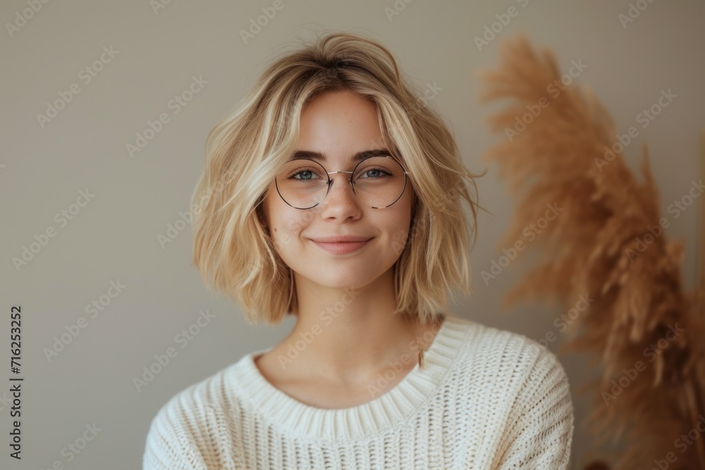 Beautiful smile of a young blonde Gen Z woman. Happy college student ...