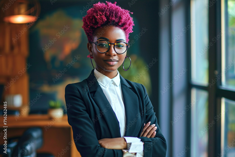 Expressive African American non-binary woman with short dyed pink hair ...