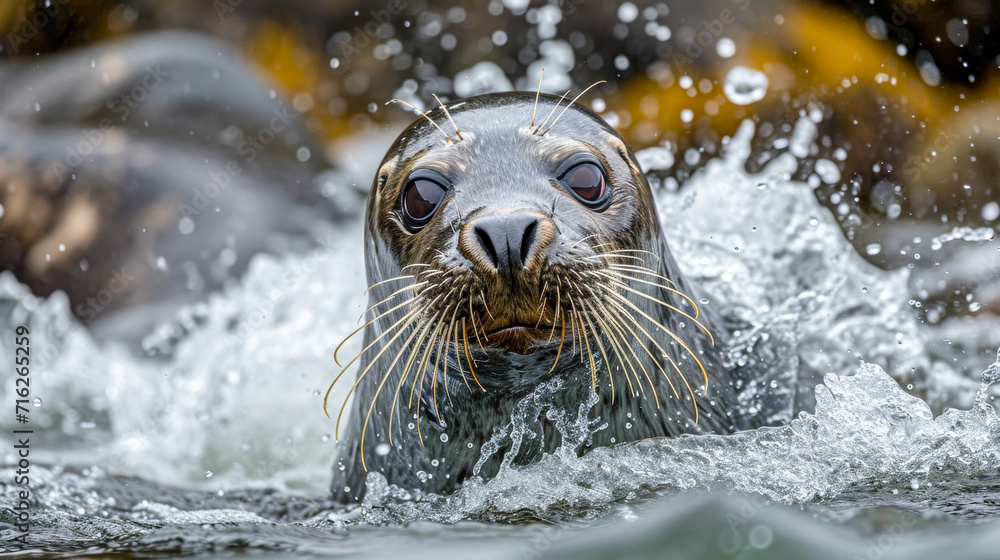 A burst of water erupts from a playful seal's splash, capturing the ...