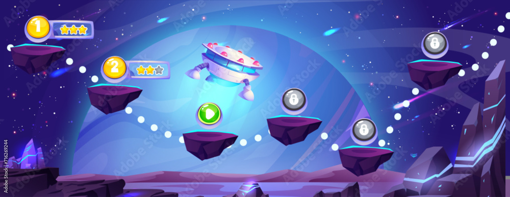 Space travel game map with floating platforms. Vector cartoon ...
