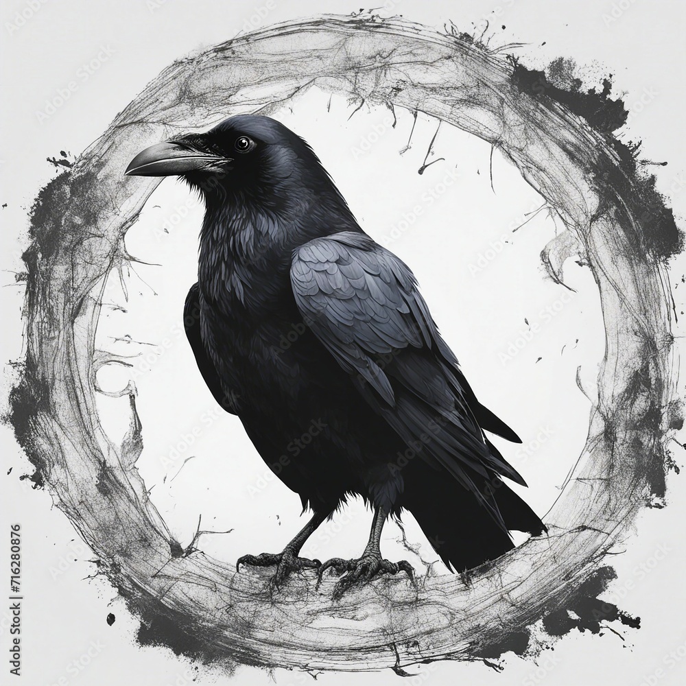 Raven Sitting On Dark Circle Object Isolated on White Background PNG ...
