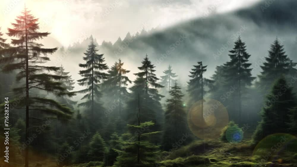 Vidéo Stock Pine Forest During Rainstorm Lush Trees misty environment ...