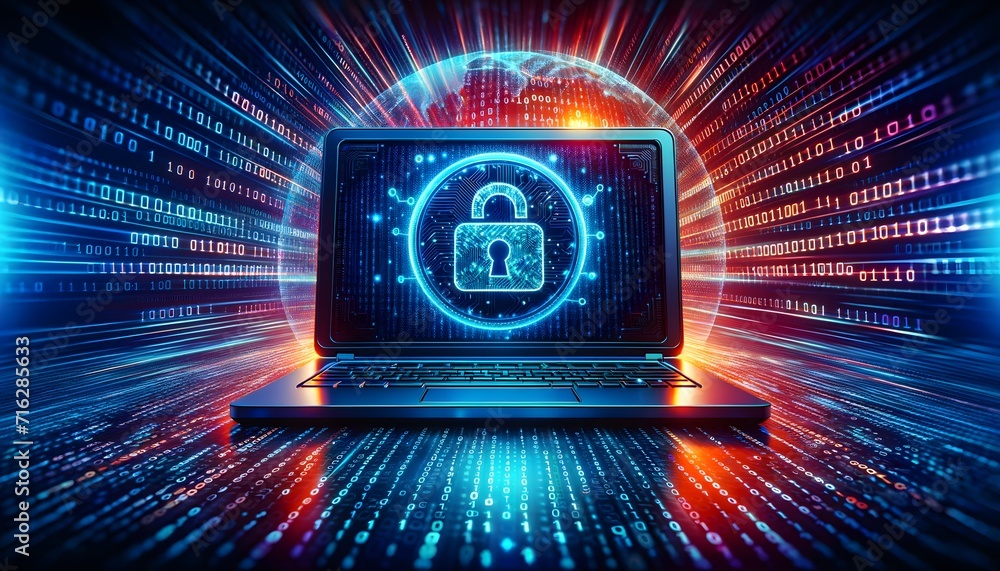 A Laptop Screen Displaying a Cyber Security Icon Amidst a Binary Code ...