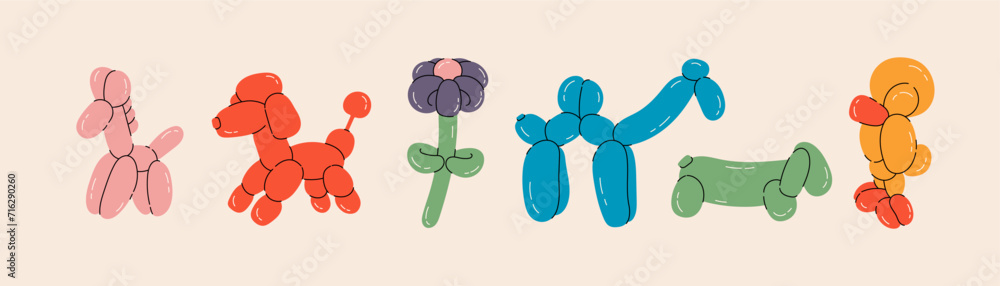 Various balloon animals collection. Festive set of inflatable poodle ...