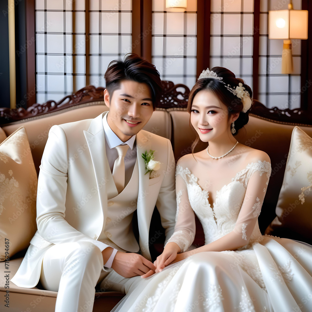 Portrait of happy smiling beautiful and cute young bride model woman in ...