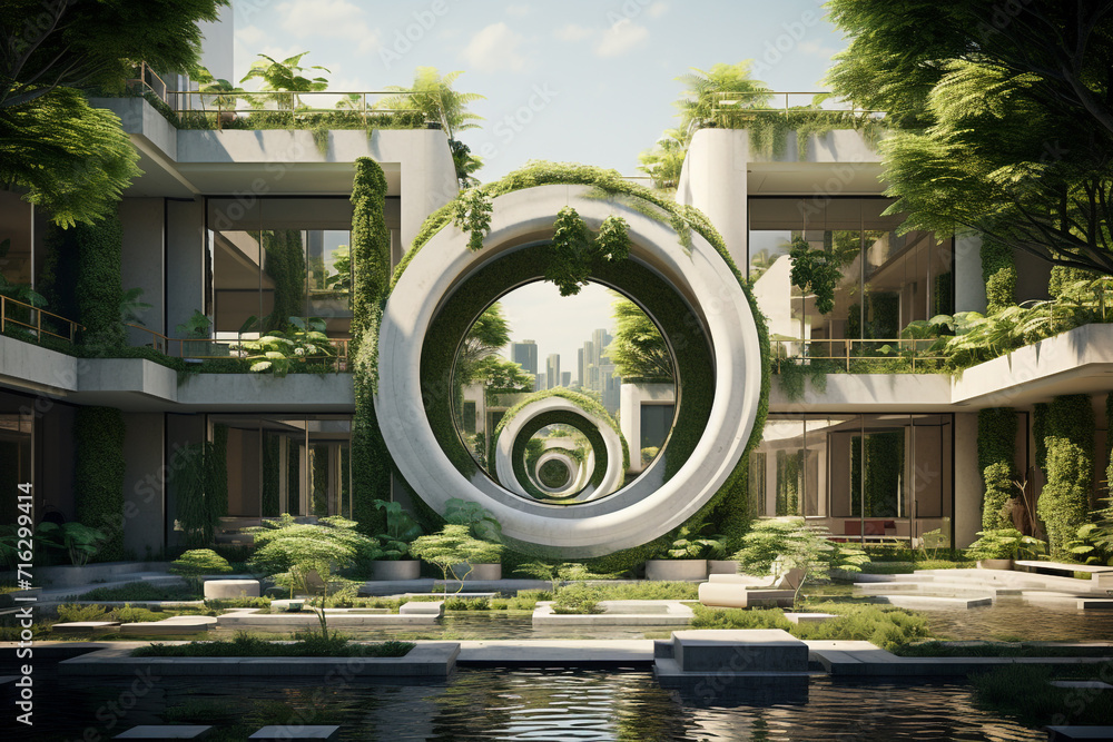 A futuristic street with futuristic homes and landscaped garden ...