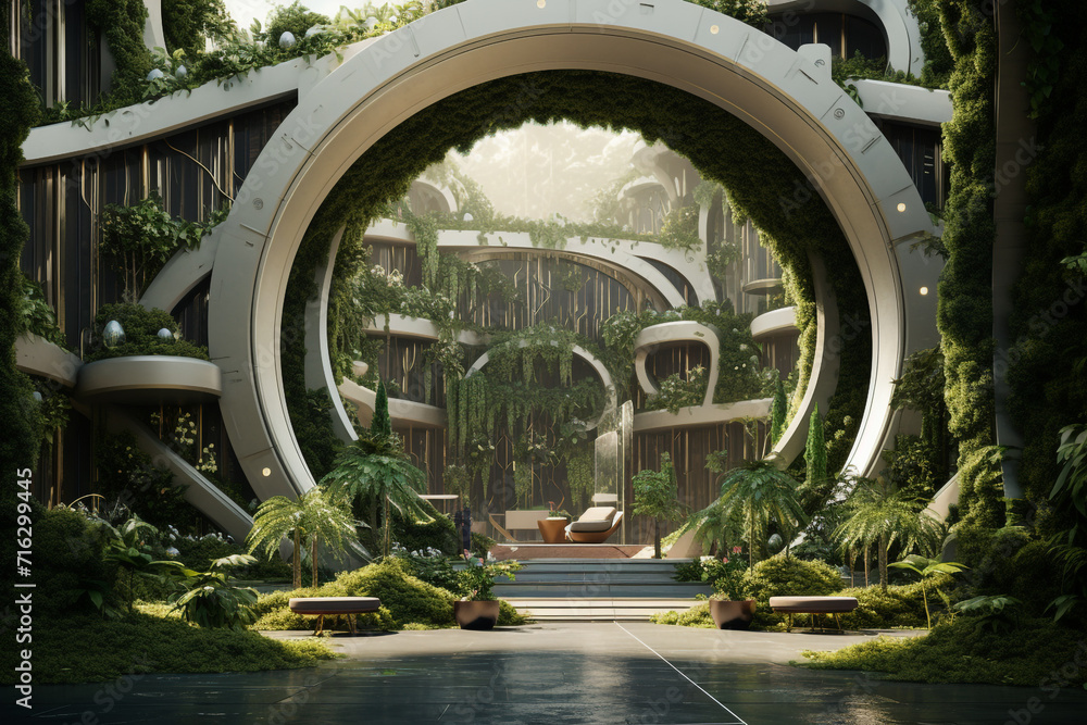 A futuristic street with futuristic homes and landscaped garden ...