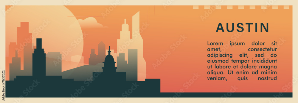 Austin city brutalism vector banner with skyline, cityscape. USA Texas ...