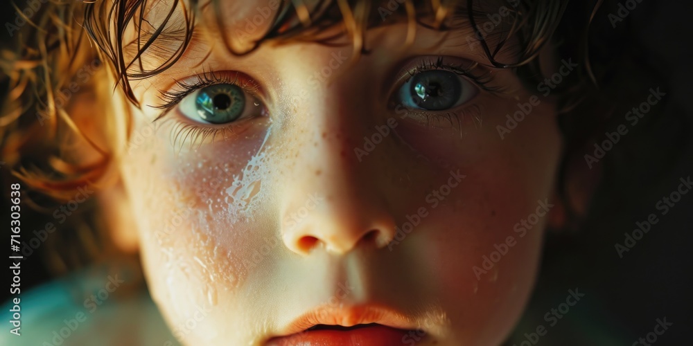 A close-up image of a child's face with tears. This emotional photo ...