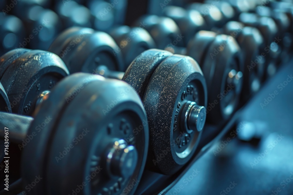 A row of dumbs sitting on top of a metal rack. Can be used to ...