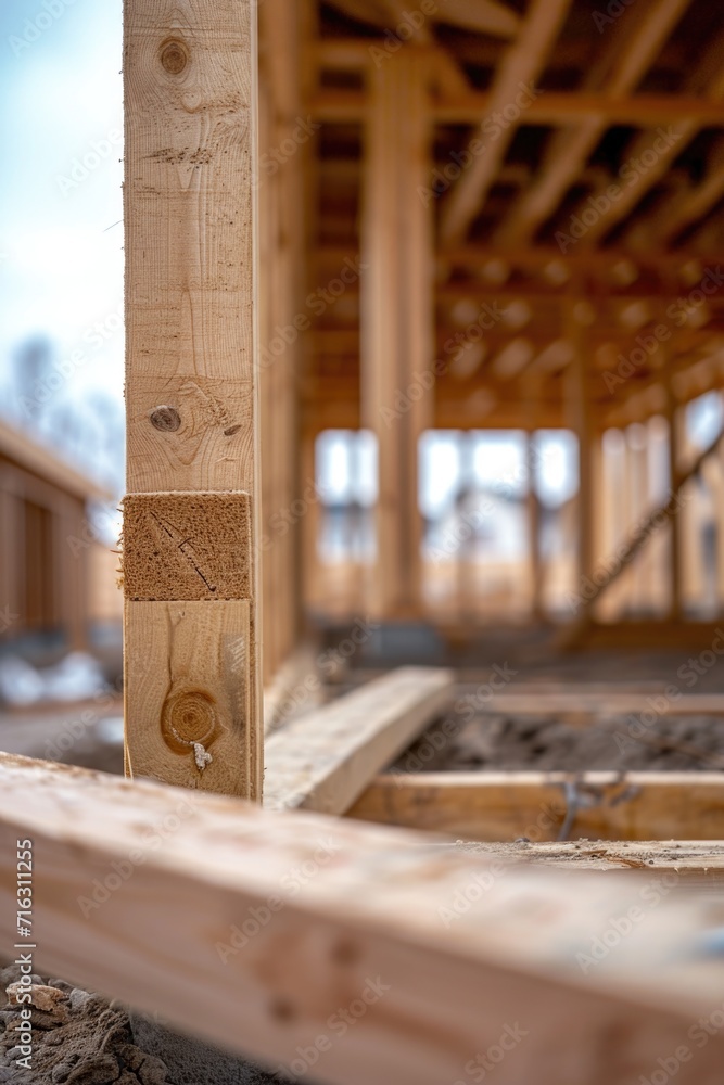 A detailed view of a wooden beam on a construction site. This image can ...