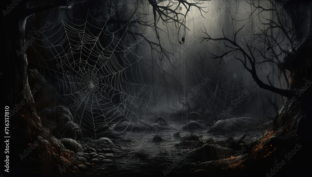 Mysterious dark forest with cobwebs and fog. Halloween background ...