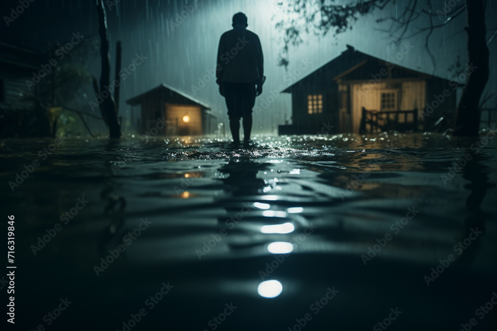 Rear view of a man standing in a flooded house at night. rain, flooding ...