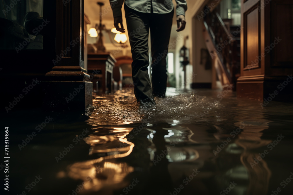 Flooded Floor From Water Leakage. Men's feet Stand on a flooded floor ...