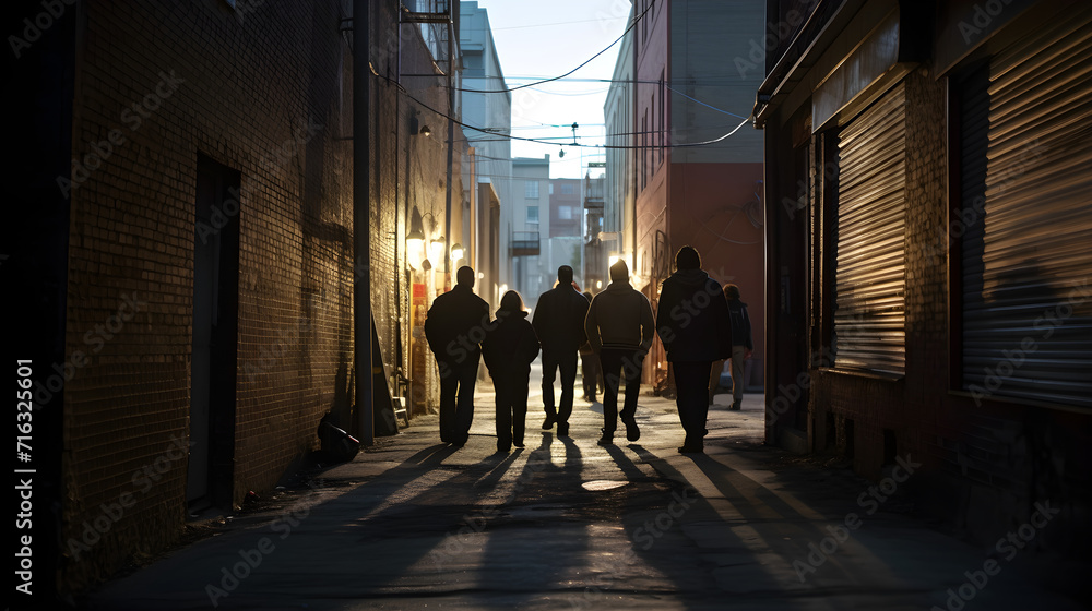 people on the back view walking in the alley. friend of gang wearing ...