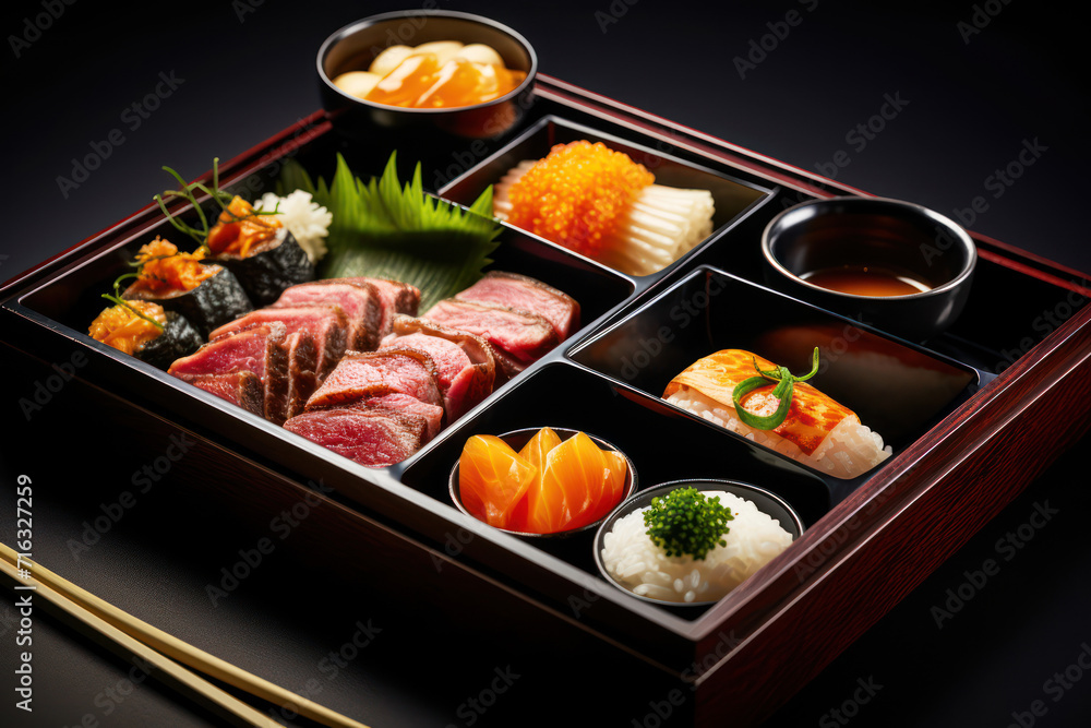 Close-up photo of a deluxe bento box with premium sushi, uni, and wagyu ...