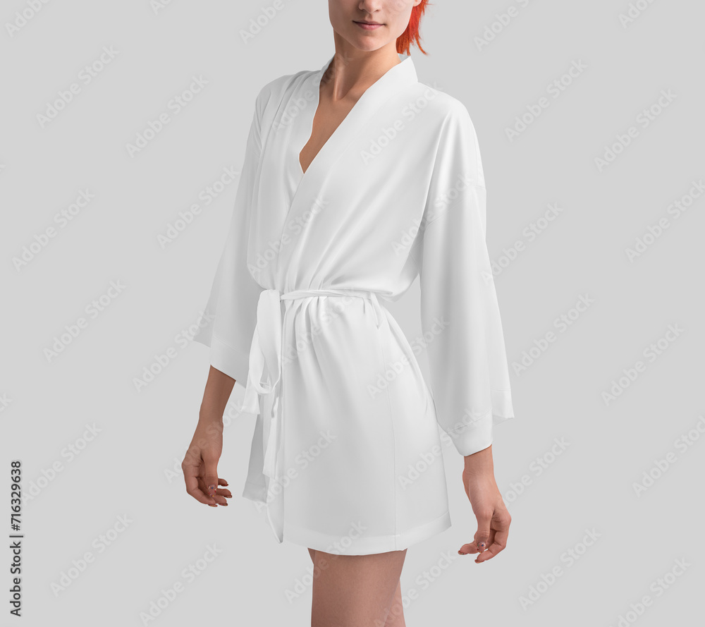 Mockup of a white silk robe on a girl, dressing gown with wide sleeves ...