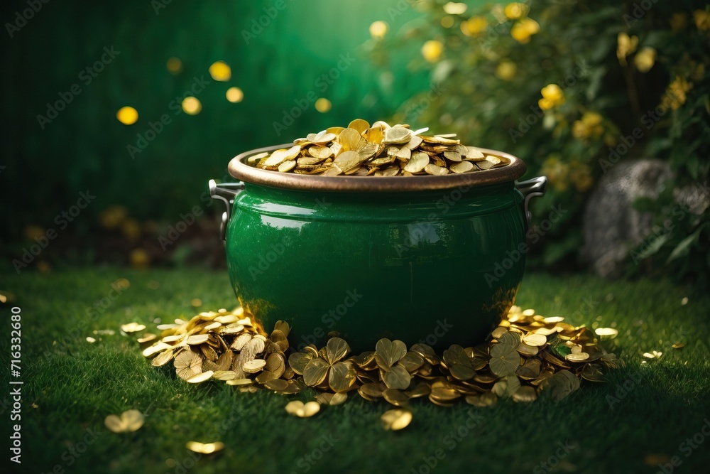 A pot of gold nestled within a cloverleaf garden, symbolizing luck and ...