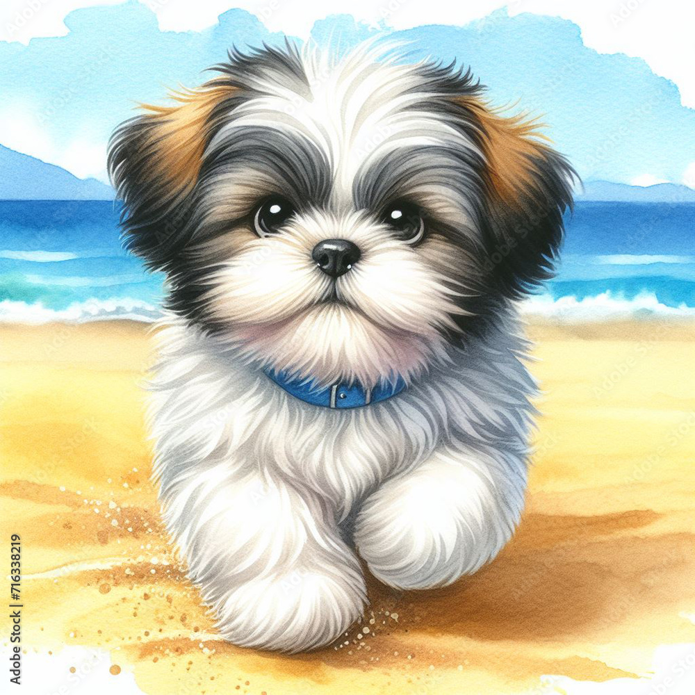watercolor drawing a shih tzu dog running on a beach. The dog is facing ...
