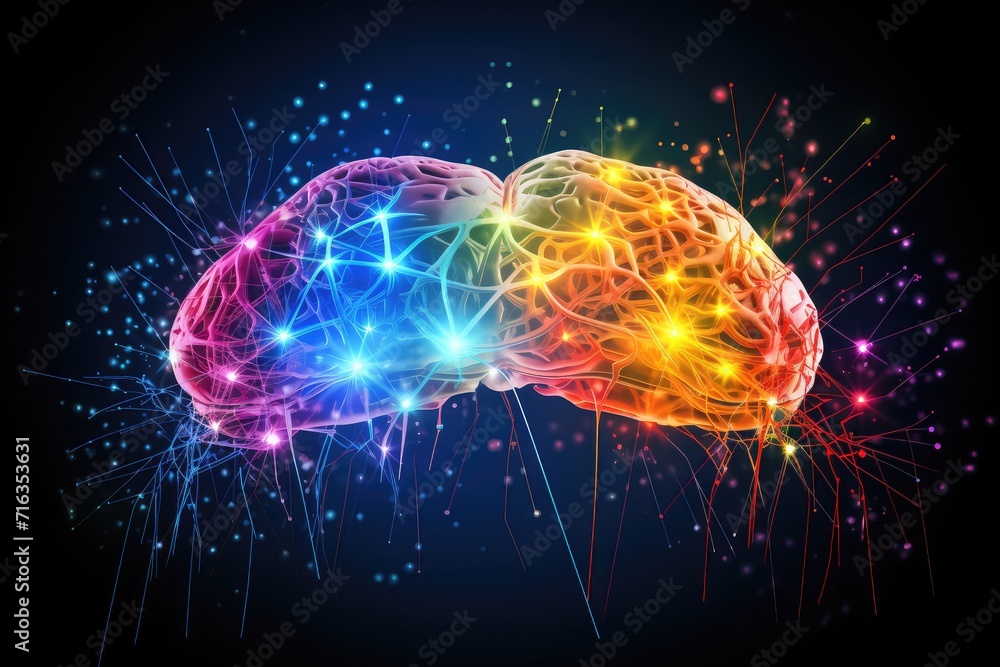 energy of fractal realms, colorful brain activity, neuron network ...