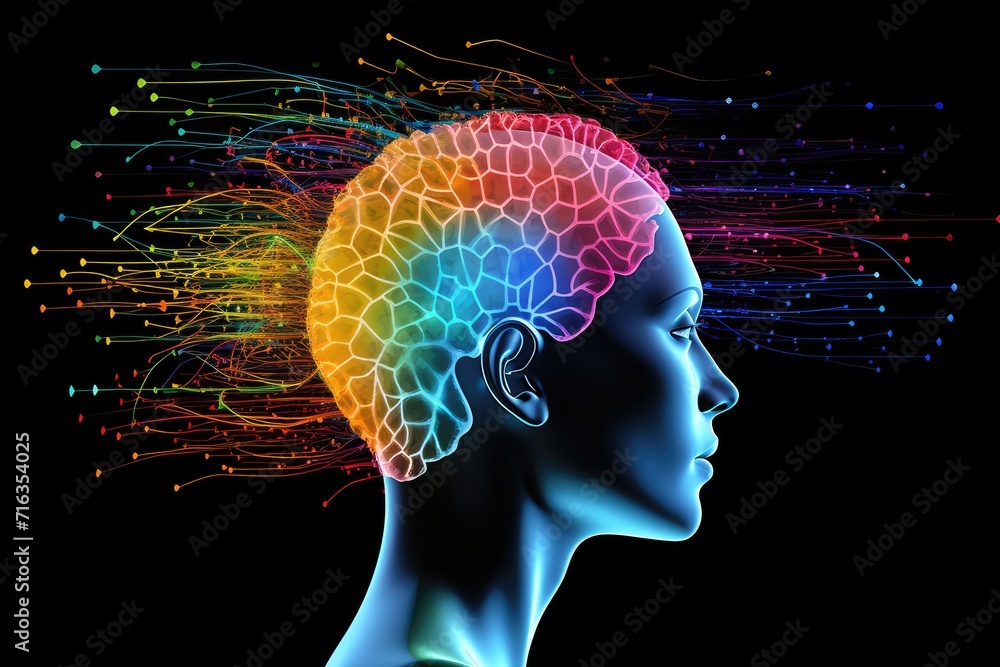 energy of fractal realms, colorful brain activity, neuron network ...