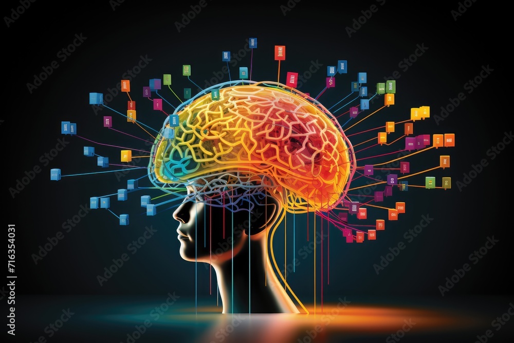 energy of fractal realms, colorful brain activity, neuron network ...